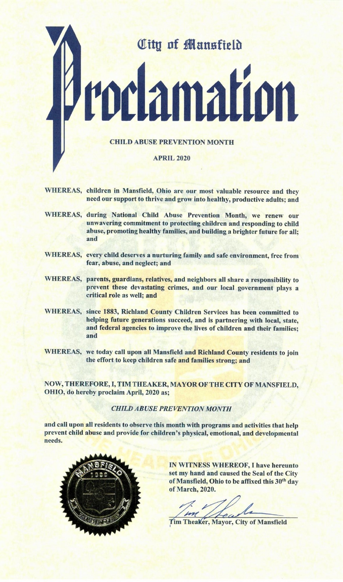 The city of Mansfield proclaims April Child Abuse Prevention Month ...